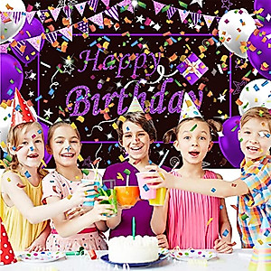 Black Purple Birthday Decorations, Happy Birthday Backdrop for Women Girls Men 13th 16th 18th 21st 30th 40th 50th 60th Birthday Party Decorations Purple, Black Silver and Purple Balloon Arch Kit