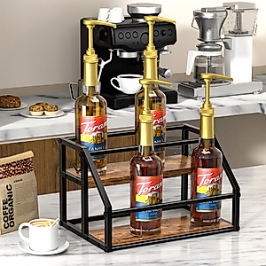 Coffee Syrup Rack Organizer, Syrup Bottle Holder Stand for Coffee Bar, 2-Tier 8 Bottles Storage Shelves for Syrup, Wine, Dressing for Kitchen Countertop, Rustic Brown & Black