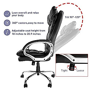 DOZZZ Computer Desk Chair with Wheels and Padded Arms, Ergonomic PU Leather Swivel Home Office Chair with Double Seat Cushion, Adjustable High Back Comfort Executive Office Chair (Black) (1PACK)