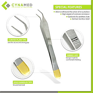 Cynamed Adson Forceps with Gold Handle - 6 in. Straight Fine Point Surgical Veterinary Instruments (Plain, Curved)
