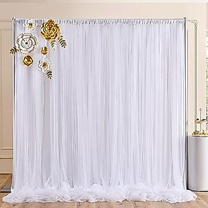 10ft x 10ft White Tulle Backdrop Curtain Panels, Dual Layer Wrinkle Free White Curtain Backdrop Tulle Drapes for Wedding Parties Birthday Graduation Photography Home Decorations
