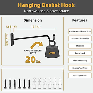 Hanging Plant Bracket (2 Pack-12 inches), Heavy Duty Metal Plant Hangers Outdoor or Indoor- Wall Plant Hooks for Hanging Planter,Bird Feeders, Wind Chimes, Flower Pot,Basket,Lanterns-Matte Black