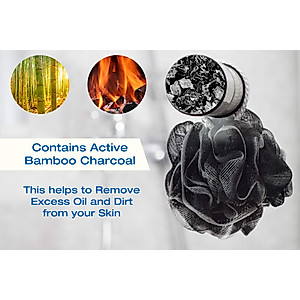 XXL 90g Charcoal Shower Loofah 3 Pack by Tilcare - Perfect Bath Sponge for Exfoliating for Men & Women - Body Scrubber Brush for Cleansing and Smooth Skin - Scrubbies That Remove Excess Oil and Dirt