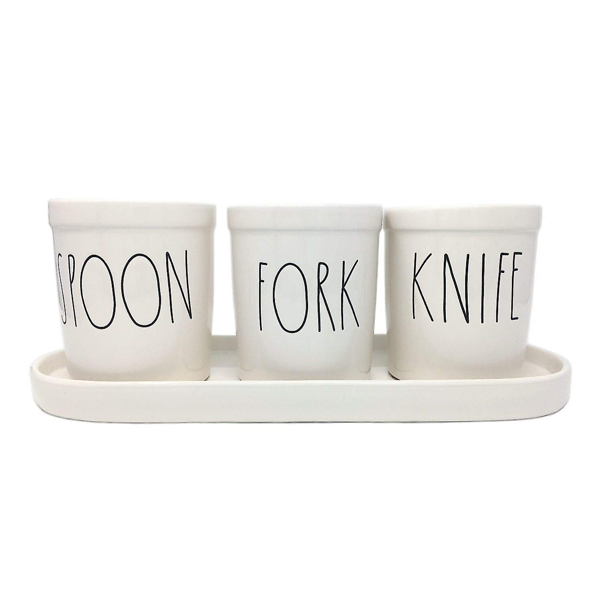 Rae Dunn by Magenta SPOON FORK KNIFE pot set with tray. Large letters!