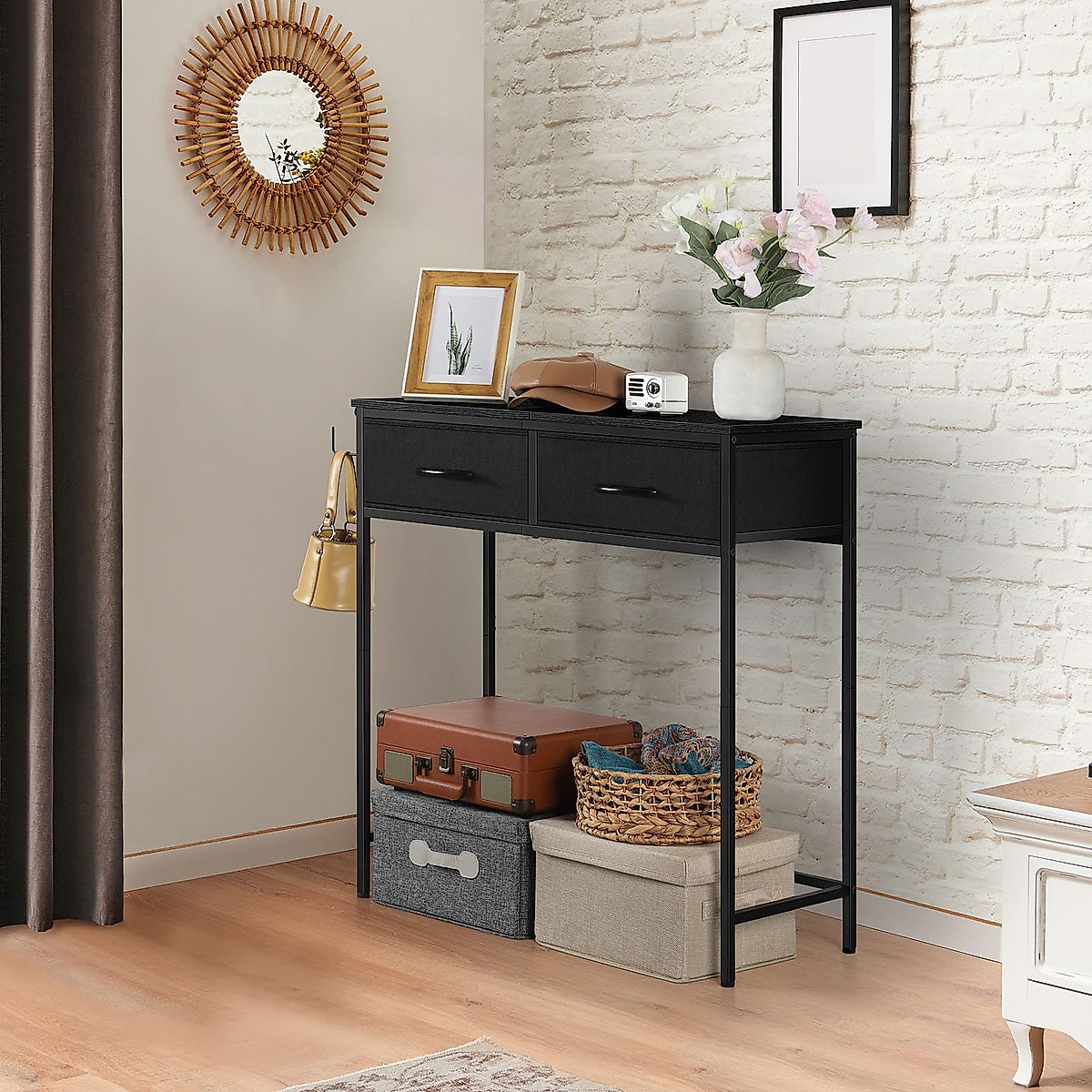 Console Table with 2 Drawers, 31.5 inches Small Entryway Table with Storage, Black Narrow Modern Sofa Table with Hooks and Fabric Drawers for Living Room Foyer Bedroom Corridor Office, Industrial