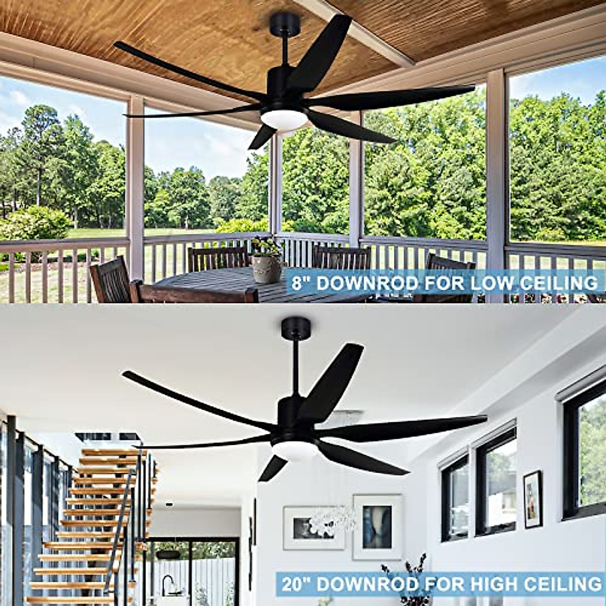 Ohniyou 66''Ceiling Fan with Lights Remote Control, Large Ceiling Fan Black, 6 Blades 6 Speeds Ceiling Fan Light for Outdoor Indoor Patio Living Room Porch Office Garage Shop Factory Warehouse