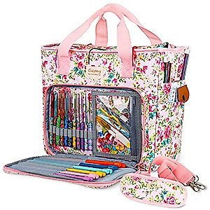 Coopay Large Crochet Bag Knitting Bags and Totes Organizer, Traveling Crochet Bags Yarn Bag for Carrying Crochet Hooks, Knitting Kit, Skein Yarn Wool, Project, Knitting & Crochet Supplies, Pink Flower