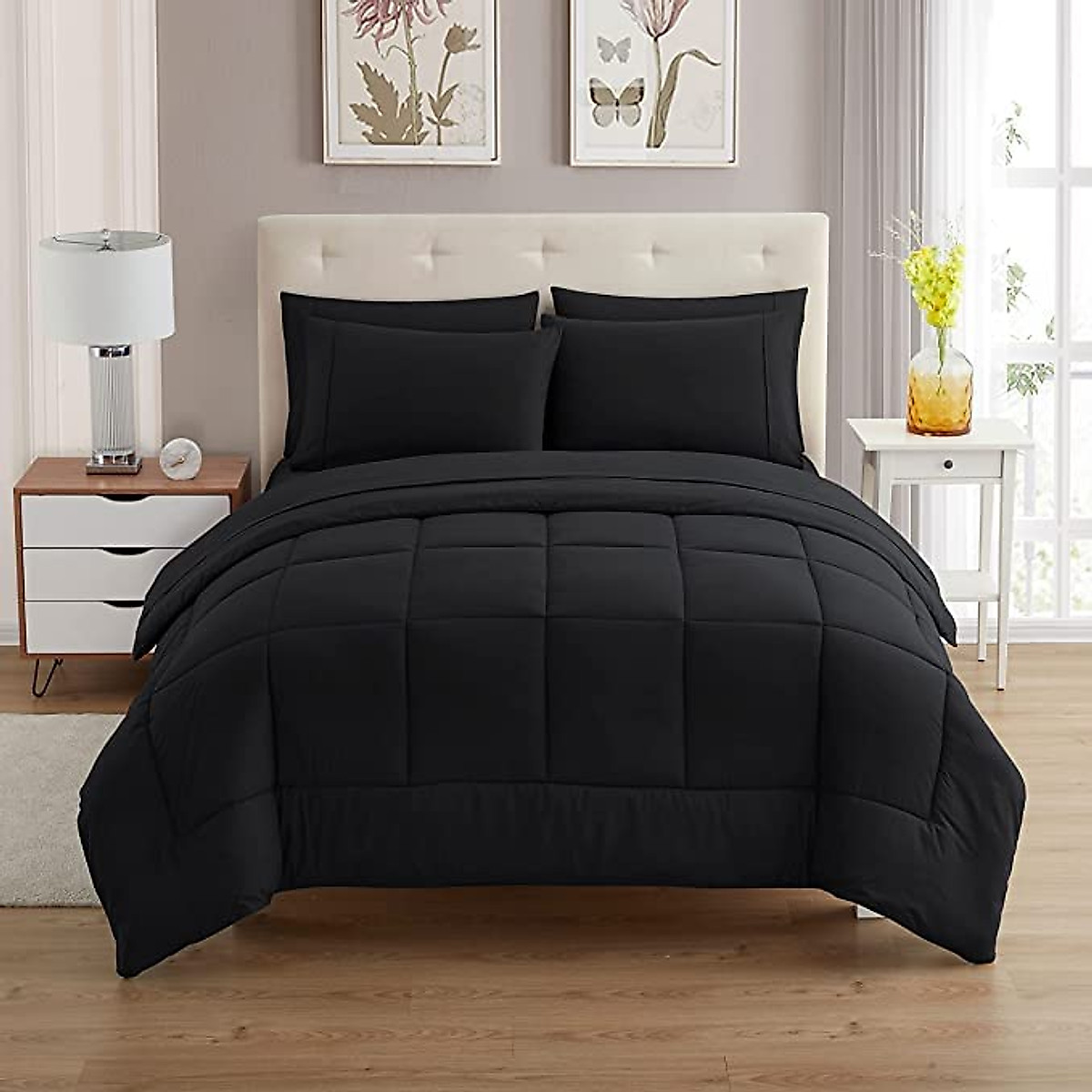 Sweet Home Collection 7 Piece Comforter Set Bag Solid Color All Season Soft Down Alternative Blanket & Luxurious Microfiber Bed Sheets, Black, Queen