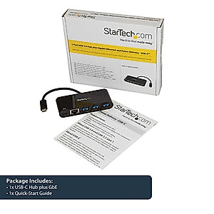 StarTech.com USB C to Ethernet Adapter - 3 Port - with Power Delivery (USB PD) - Power Pass Through Charging - USB C Adapter (US1GC303APD) Black