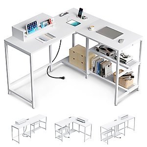 VEELOK L Shaped Desk with Power Outlets, Wood Computer Desk with Monitor Stand and Storage Shelves, Gaming Desk, Office Desk, Study Desk, Corner Desk Work Desk for Home Office, White
