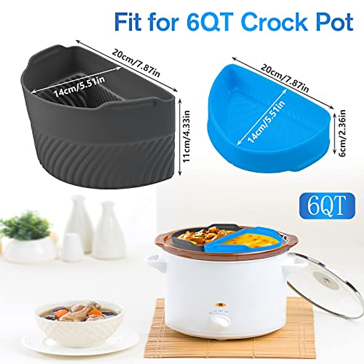 KKUYT Slow Cooker Liners Fit For 6QT Crockpot, Food-Grade Reusable Silicone Crock Pot Liners, Collapsible Cooking Liner Slow Cooker Accessories BPA Free, Dishwasher Safe to Use(Grey+Blue)