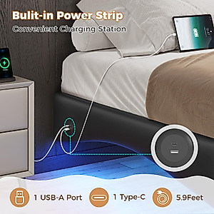 AOGLLATI Floating Bed Frame Twin Size with Charging Station & LED Lights, Platform Twin Bed Frame with Leather Wave Molding and Stable Structure,No Box Spring Needed, Black