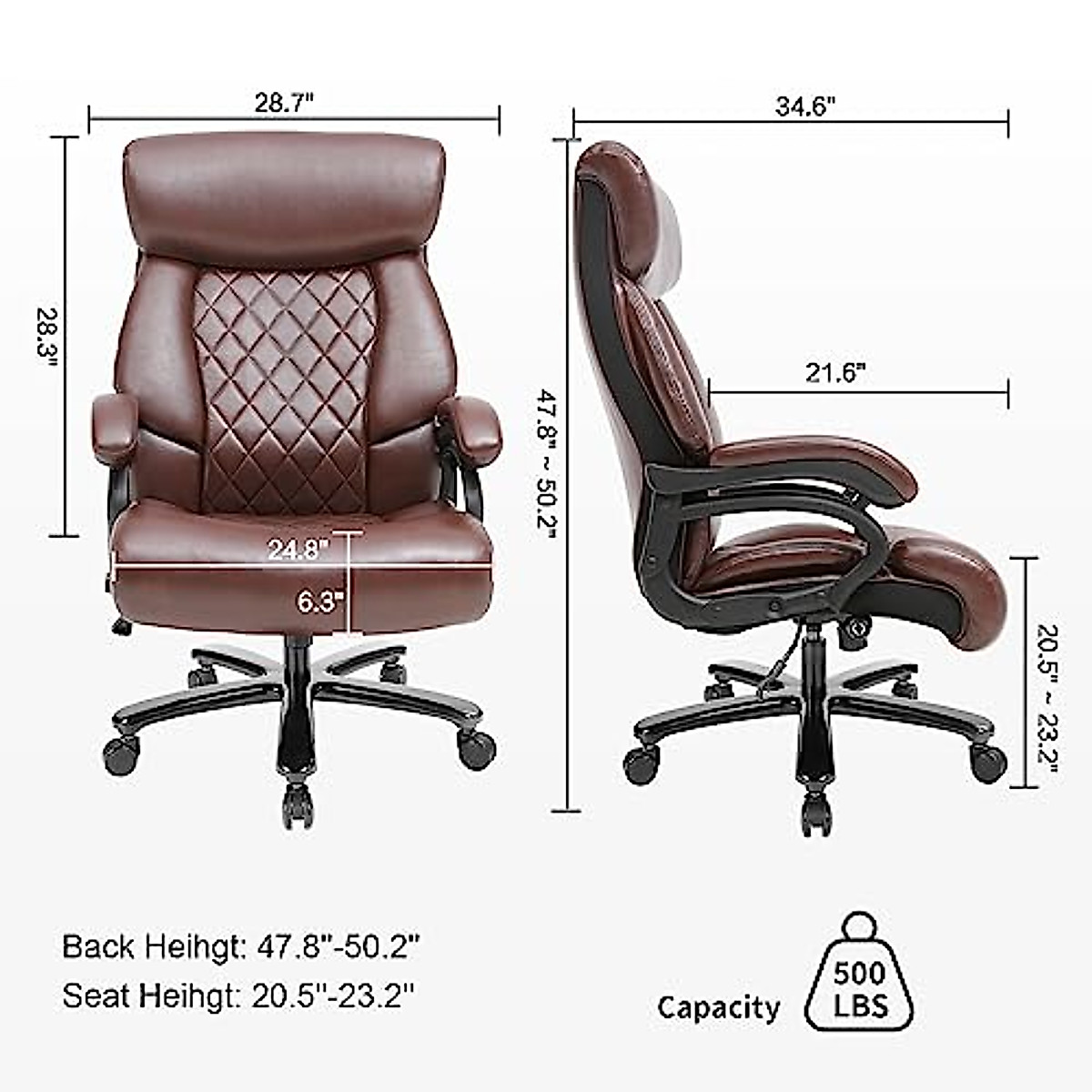 BOWTHY Big and Tall Office Chair 500lbs Heavy Duty Ergonomic Computer Desk Chair with Arms High Back Adjustable Lumbar Support 360 Swivel Task Chair Executive Leather Chair (Brown)