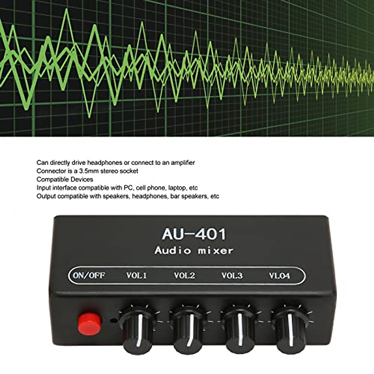 Audio Mixer, DC 5V to 12V, 4 Channel Stereo DJ Mixer with 3.5mm Sound Cable, Independent Volume Control, Mini Sound Mixer for Headphone Amplifier PC