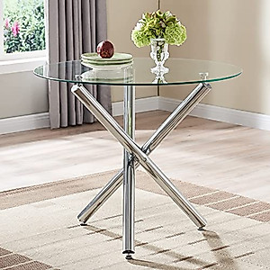 Round Glass Dining Table for 2 to 4 Person - 35.4" Inch Kitchen Dining Room Table with Tempered Glass Top, Sturdy Chrome Legs, Modern Circle Leisure Table for Dinner Apartment Small Spaces