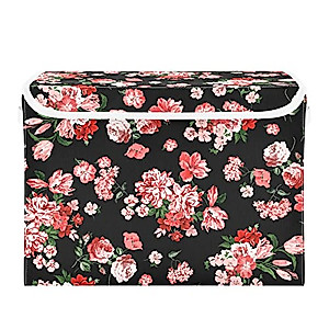 SUABO Red Floral Storage Bin with Lid Large Oxford Cloth Storage Boxes Foldable Home Cube Baskets Closet Organizers for Nursery Bedroom Office