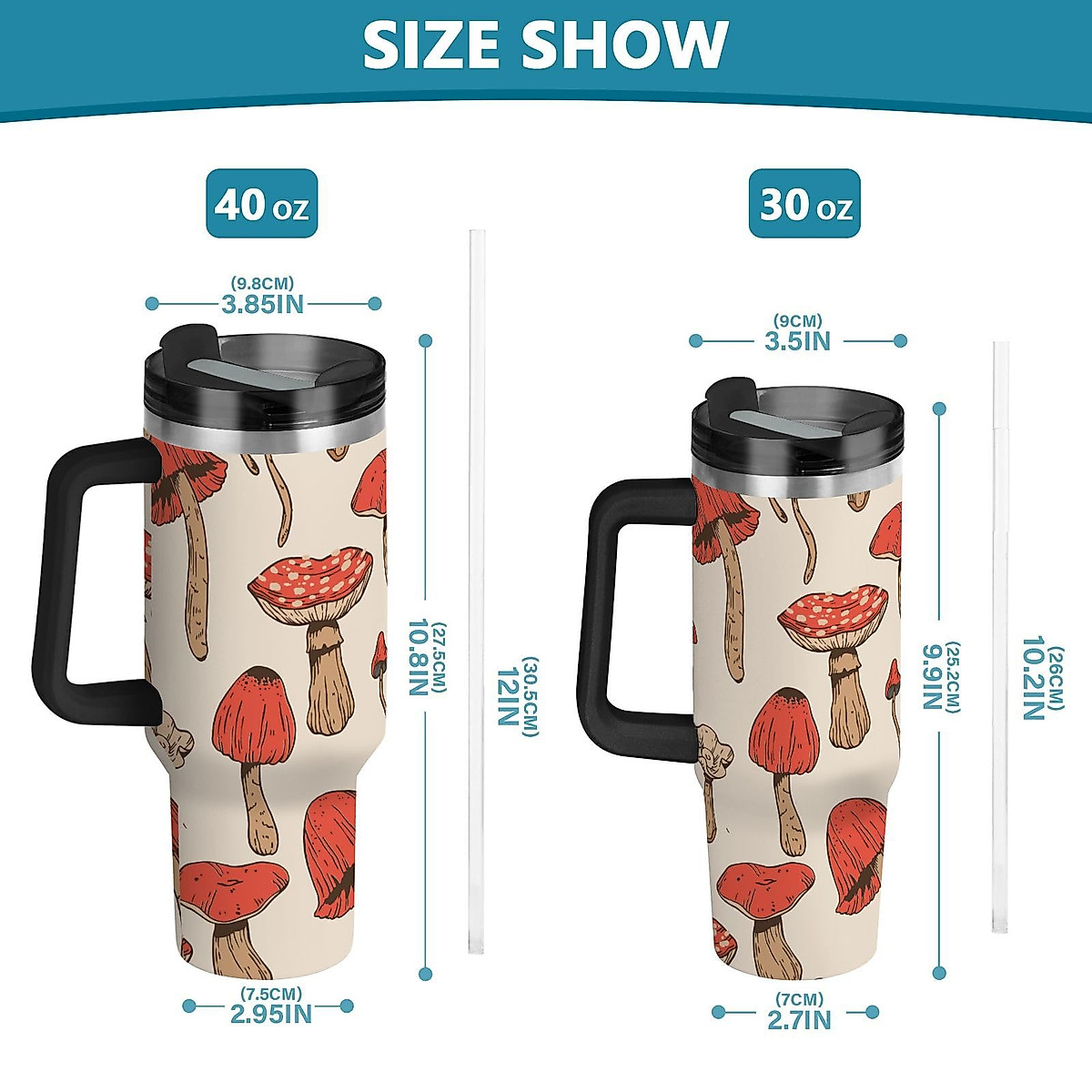 Yasala Car Tumbler with Handle Mushroom Nature Botanic Travel Mug Coffee Cup Insulated Beverage Container Mega Cup for Hot Cold Drinking Thermos Water Bottle Cupholder Friendly 40 oz