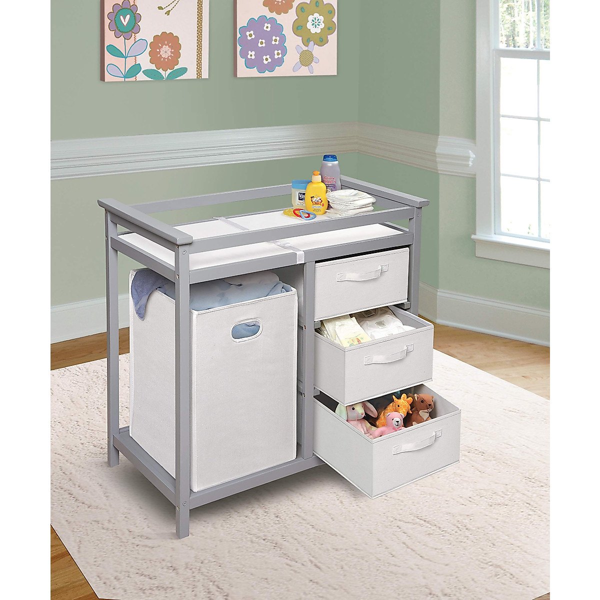 Badger Basket Modern Baby Changing Table with Laundry Hamper, 3 Storage Drawers and Pad, Diaper Change Station - Gray/White