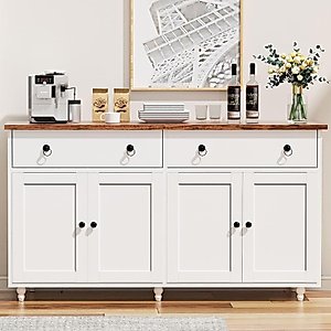 4 EVER WINNER Sideboard Buffet Cabinet, 55” White Coffee Bar Buffet Cabinet with Storage 4 Doors& 2 Drawers, Kitchen Buffet Storage Sideboards Cabinets Table Credenza Cupboard for Living Dining Room