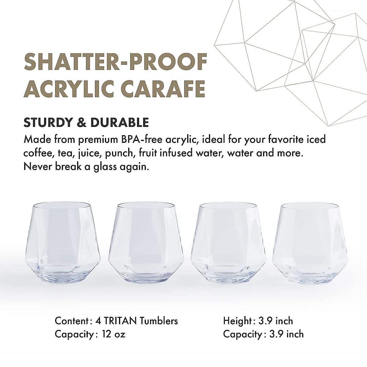 GRANDTIES 12oz Diamond Unbreakable TRITAN Cup set of 4, Plastic Drinking Glasses, BPA-free Stemless Wine Glass, Dishwasher Safe Tumbler, Made in Taiwan- Whisky, Cocktail, Pool, Highball, Party