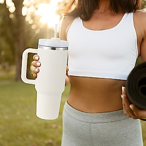 PIMDIR 40oz Tumbler with Handle Straw Lid, Stainless Steel Vacuum Insulated Reusable Travel Mug Keep Drinks Cold Ice Gym Cup, Gifts for Women Men Lovers, Car Holder Friendly, Cream White