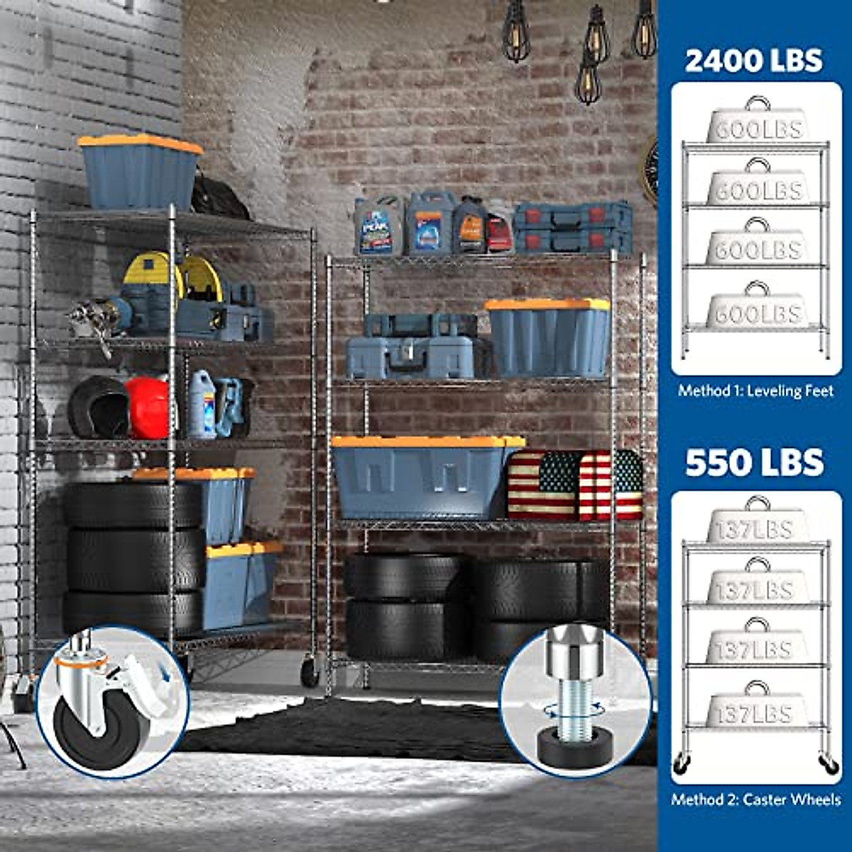 Raynesys Wire Shelving with 4" Wheels, 2400Lbs Heavy Duty 4-Tier Shelving Metal Shelves, 48x18x72in Steel Wire Storage Shelf Commercial Grade Adjustable Utility Rack for Garage, Kitchen, Chrome