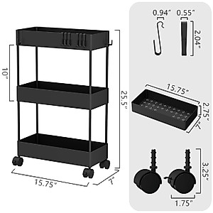 CAXXA 3 Tier Slim Mobile Utility Cart Rolling Cart,Plastic Basket Storage Organizer, for Kitchen Laundry Bathroom Living Room Narrow Place Slide Out Storage Cart with Casters (Black, 15.75Lx7W)