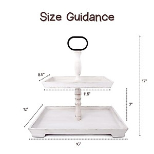Perfnique Tiered Tray Stand, White Wooden 2 Tier Tray with 58in Wood Bead Garland, Serving Tray, Farmhouse Rustic Home Kitchen Decor, Morden Decorations Set for Shelf Coffee Bar Table (White)