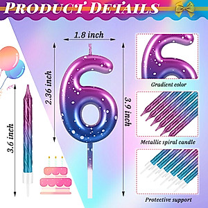 Landhoow 2.36 Inch Birthday Candles Purple to Blue Gradient Candle with 12 Pcs Gradient Spiral Candle for Baby Birthday Cake Topper Anniversary Wedding Party Decor (Number 6)