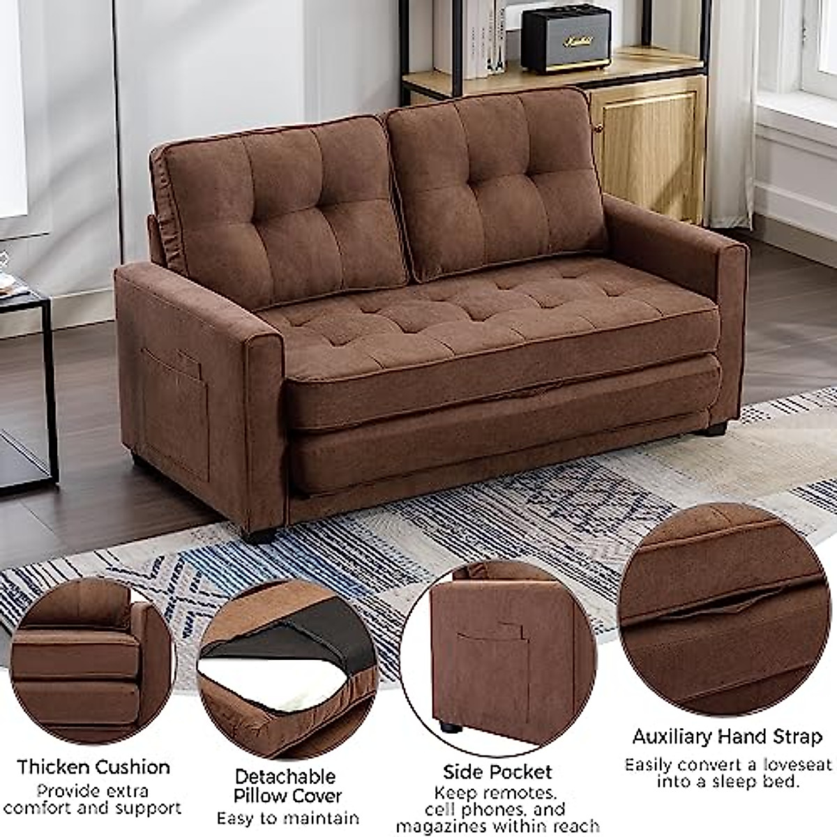 Sleeper Loveseat Pull Out Bed Convertible Sofa Bed with Side Pocket Modern Upholstered Small Sectional Sleeper Sofa Pull Out Couch for Living Room Office, 59.4", Brown