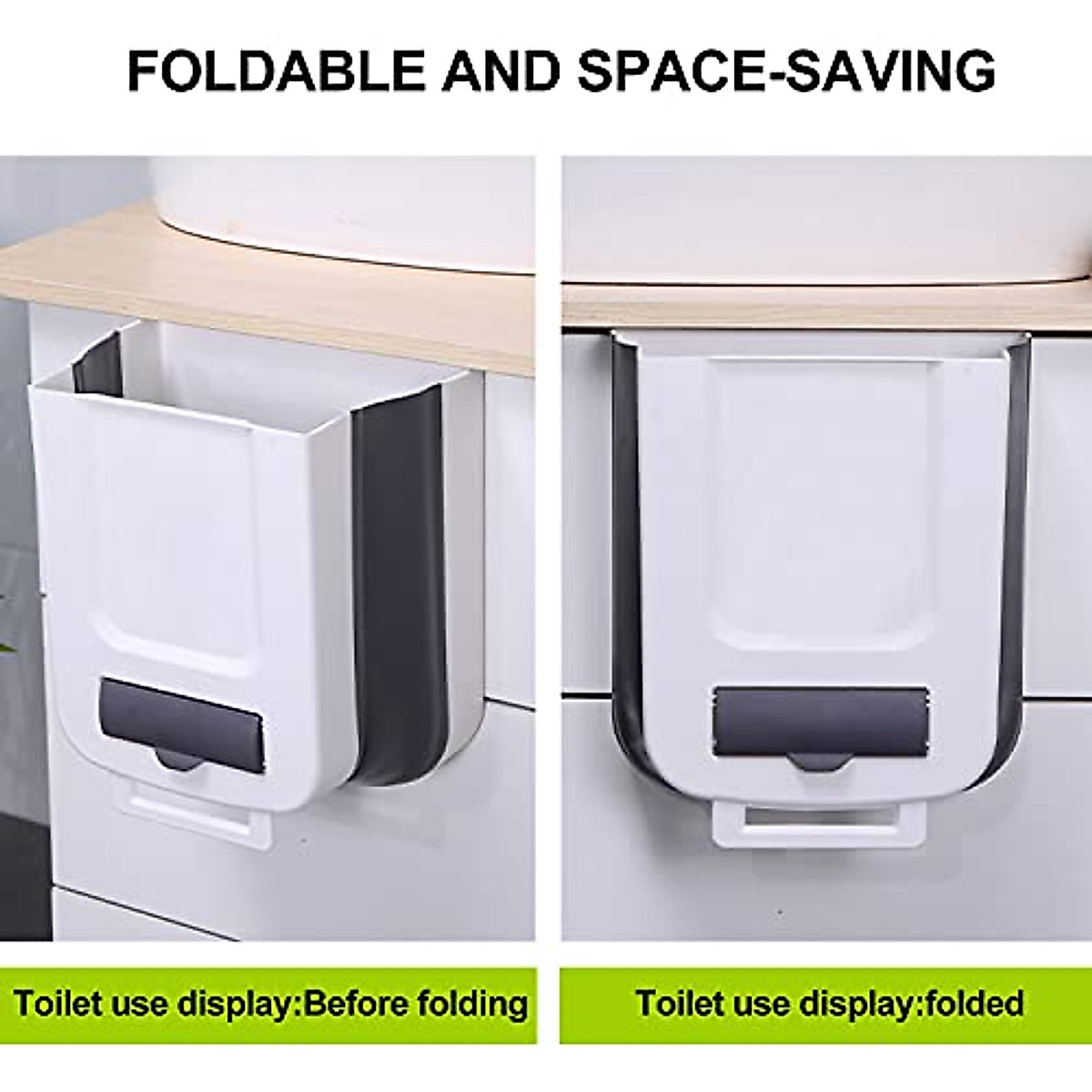 Hanging Folding Trash Can, BESUNTEK 2 Pcs Wall Mounted Kitchen 10L Gallon Plastic Folding Small Garbage Can with 5 Volume Garbage Bag for Cabinet Car Bedroom Bathroom Cupboard Office Camping