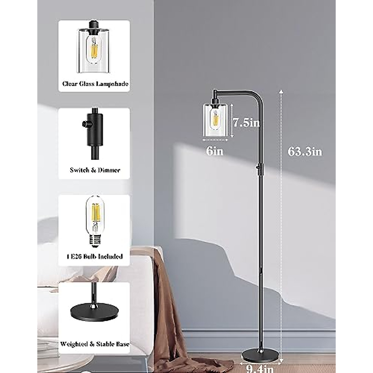 bulbeats 63IN Dimmable (Brightness Adjustable) Industrial Floor Lamp, Black Modern Standing Lamps with Clear Glass Lampshade, E26 LED Bulb Included, Farmhouse Floor Lamp for Living Room Bedroom