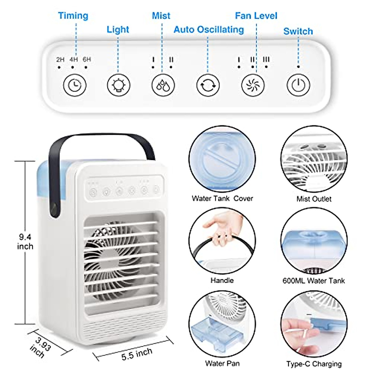 NOLTSE 10W Portable Air Cooler, 70Degree Oscillating Evaporative Cooler with 4 Speeds Rainbow LED Light,2 Spray Humidify &2-6H Timer,600ml 35dB Quiet Conditioner for Room,Office New-White 5*4*10 IN