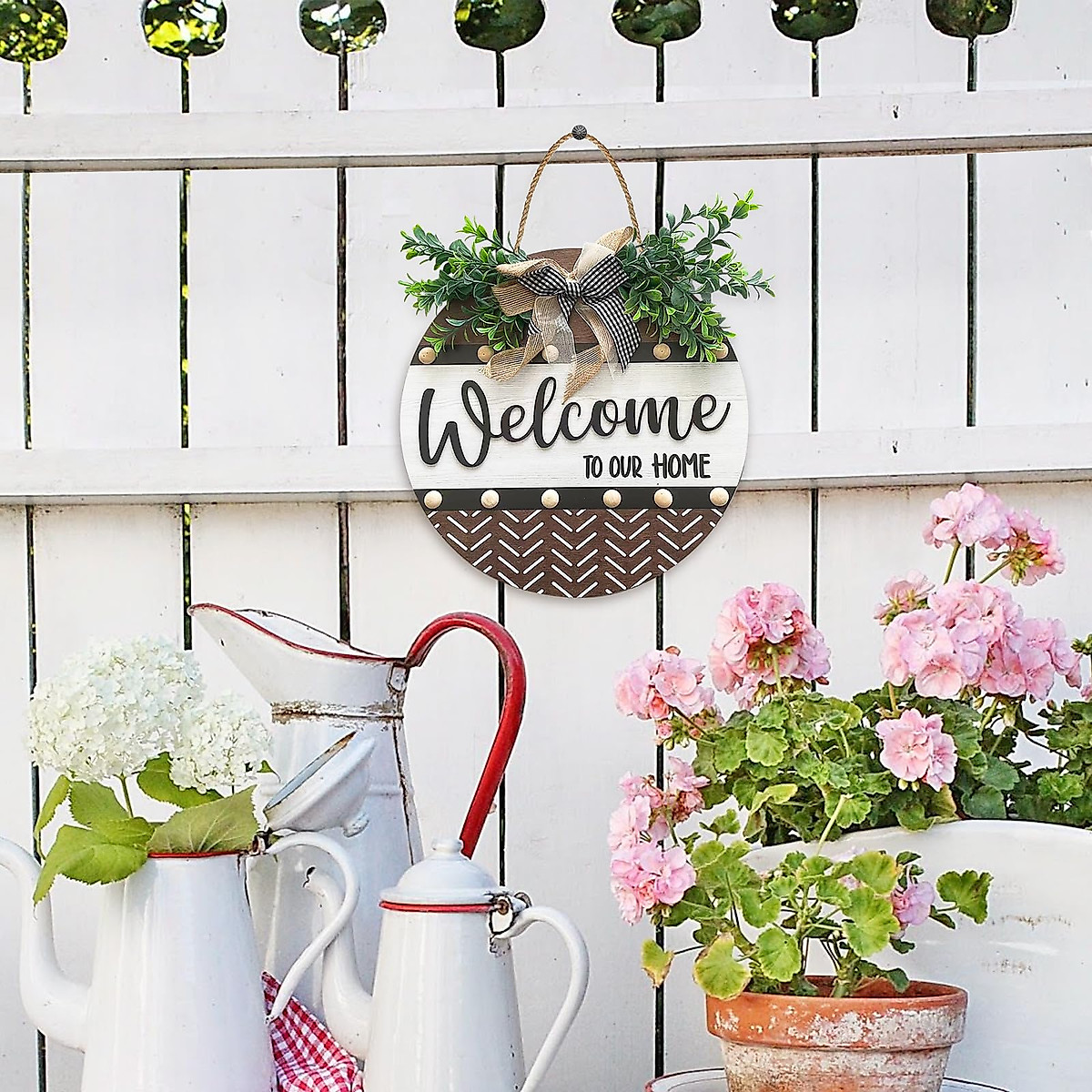 Surfapans Welcome to our Home Sign for Front Door Wall Hanging Round Wood Wreaths Outdoor Signs for Farmhouse Front Porch Decor (Wood)