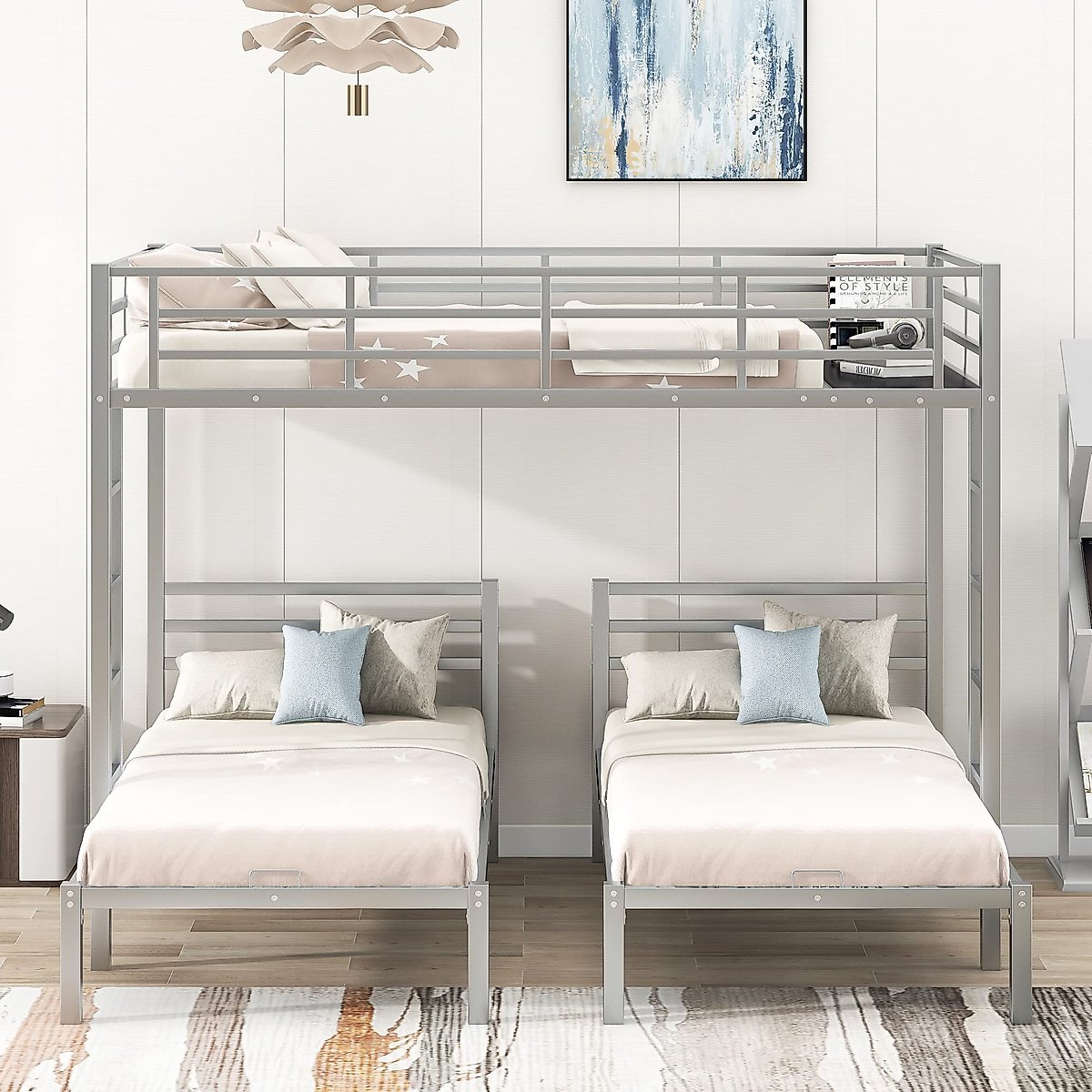 Oudiec Triple Bunk Bed,Full Over Twin&Twin Size Bunk Bed with Built-in Shelf&Ladders,L-Shaped Bunk Bed with Full-Length Guardrails, Space-Saving, Noise-Free, Silver