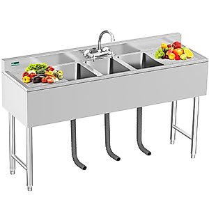YITAHOME Kitchen Sink 3 Compartment Stainless Steel Sink with Double Drainboard NSF Commercial, Prep & Utility Freestanding Sink for Restaurant, Garage, Utility Sink for Outdoor 60" W x 16" D x 32" H