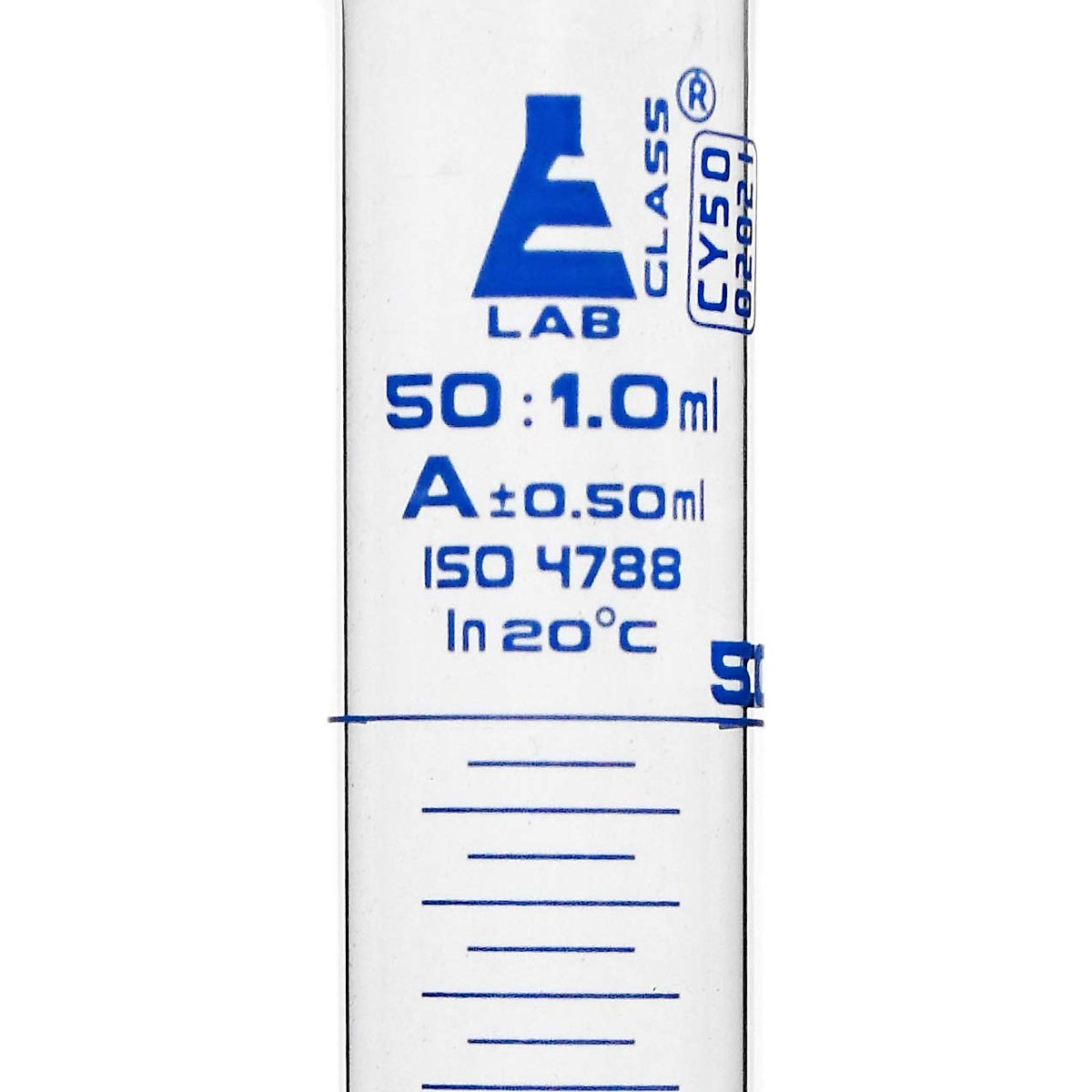EISCO Graduated Cylinder, 50ml - Class A Tolerance ±0.50ml - Round Base - Blue Graduations - Borosilicate 3.3 Glass