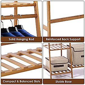 Bamboo Garment Rack with Shelves, Storage Box Set Included, Clothing Racks with Hooks, Clothes Rack Storage Organizer, Clothes Rack with Shelf, Space Saving Clothes Rack, Multifunctional Plant Rack