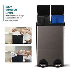 Home Zone Living 15.8 Gallon Kitchen Trash Can, Dual Removable Liners for Recycling and Trash, Wide Stainless Steel Shape, Black (7.9 + 7.9 for 15.8 Gallon Total)