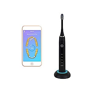 Over The Sea Sonic Bluetooth Rechargeable Electric Toothbrush – 5 Modes – App Control – Smart Timer – Wireless Charging – Portable Power Toothbrush – 2 Replacement Dupont Brush Heads (Black)