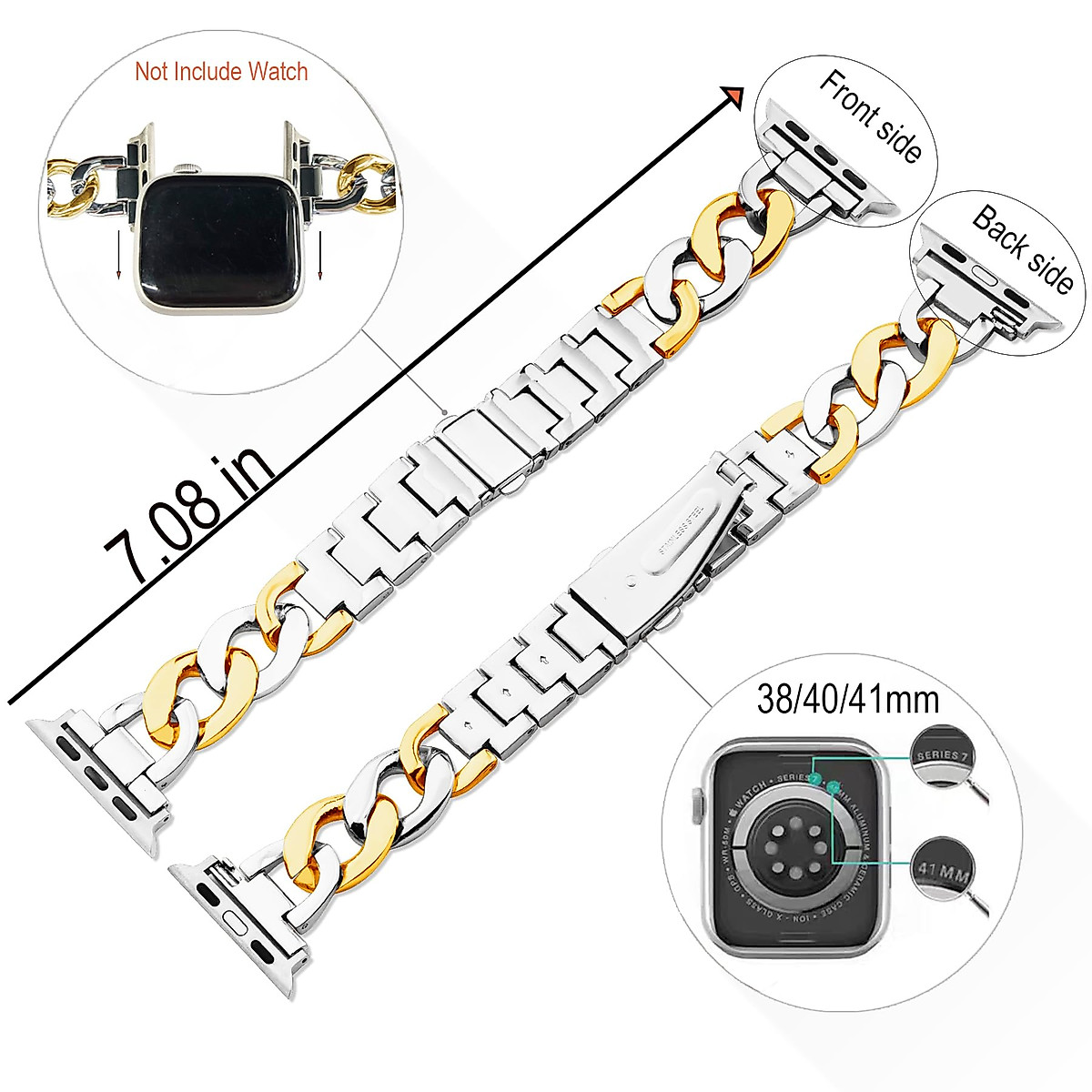Kolgios 38/40/41mm Gold&Sliver Two Tone Cool Women Chain Smartwatch Bands Compatible for Apple Watch Series Band 9/8/7/6/SE/5 Stylish Adjustable Replacement Bracelet for Iwatch 8/9 Gift for Her