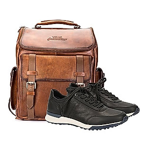 VELEZ 10.5 Mens Black Business Casual Sneakers + Full Grain Leather Backpack for Men Tan Designer Bookbag Business Casual Shoulder Bag