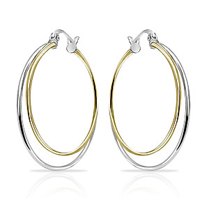Sterling Silver Two-Tone Double Row Large 48mm Round Hoop Earrings