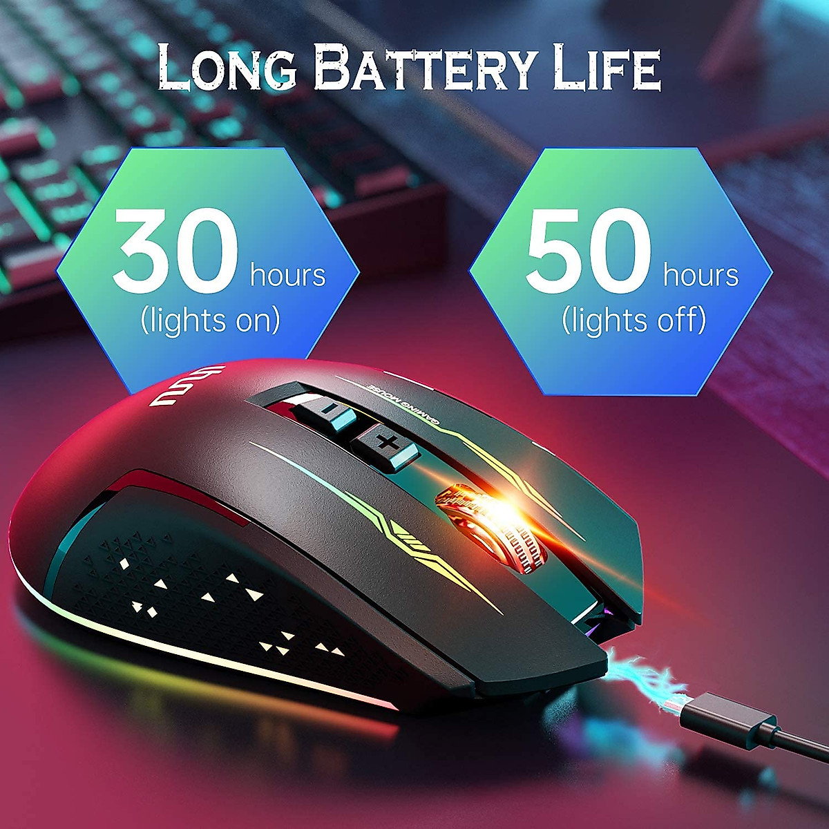 UHURU Wireless Gaming Mouse, Wired and Wireless Dual Modes Rechargeable RGB Gaming Mouse with 7 Programmable Buttons, Ergonomic and 5 Adjustable DPI Levels up to 10000 DPI for PC Laptop Gamer （WM-07）