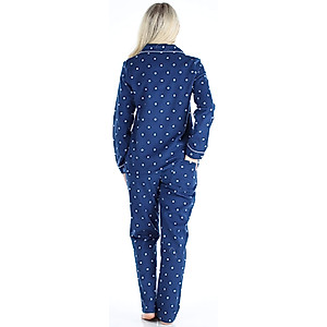 PajamaMania Women's Cotton Flannel Long Sleeve Button-Down Pajamas PJ Set, Navy Polka Dot, Medium