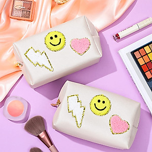 9 Pieces Preppy Patch Makeup Bag Chenille Letters Cosmetic Bag Smile Lightning Heart Pu Leather Portable Waterproof Toiletry Bag Travel Makeup Bag for Women (Gold, Smile, Lightning, Heart)