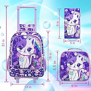 KLFVB Kids Rolling Backpack for Girls, Roller Wheels School Bag with Lunch Bag, Wheeled Sequins School Bookbag for Children - Cat
