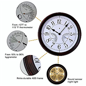 LOMANDA 14 Inch Indoor Outdoor Clock, Large Waterproof Wall Clock with Thermometer Hygrometer, Illuminated by Sound Controlling, Decor for Home, Kitchen, Pool, Patio
