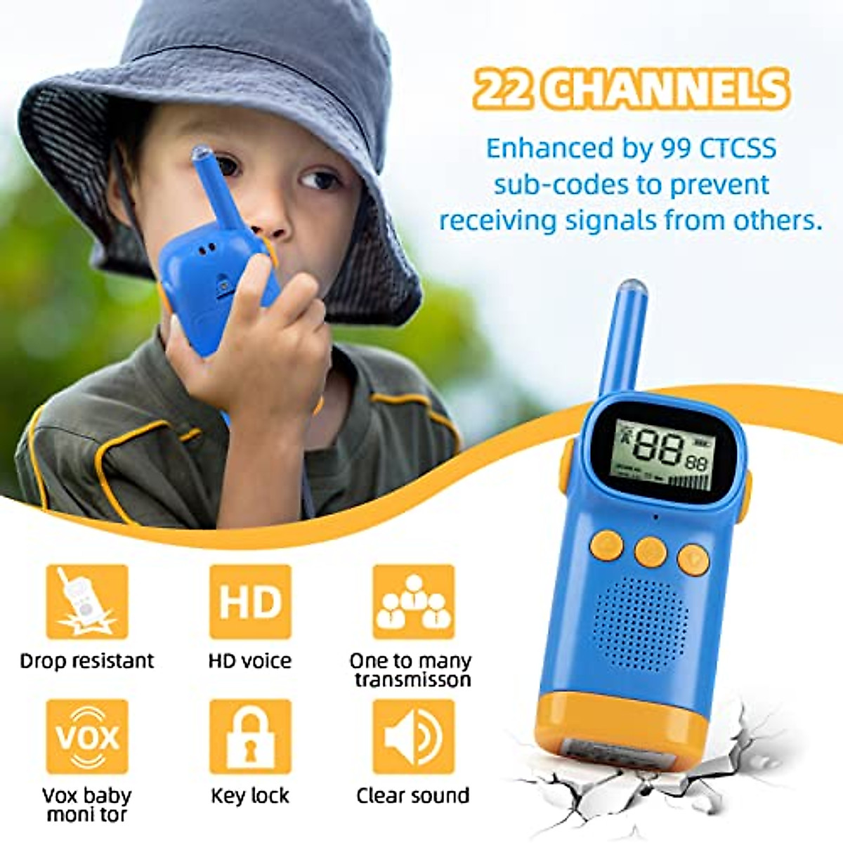Walkie Talkie for Kids, 22 Channels 2 Way Radio 3 Km Long Range Walkie Talkies Handheld, Toys for 3-12 Year Old Boys Girls, Gift Toys for Boys and Girls to Outside, Hiking, Game Camping (Blue&Blue)