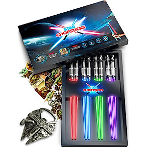 STAR CHOPSTICKS | FREE BOTTLE OPENER | 4 PAIRS DARK BOX | Lightsaber Chopsticks | Star Gifts and Toys for Kids | LED Light Up Reusable Safe Chopstick (4 PAIRS SET NEW)